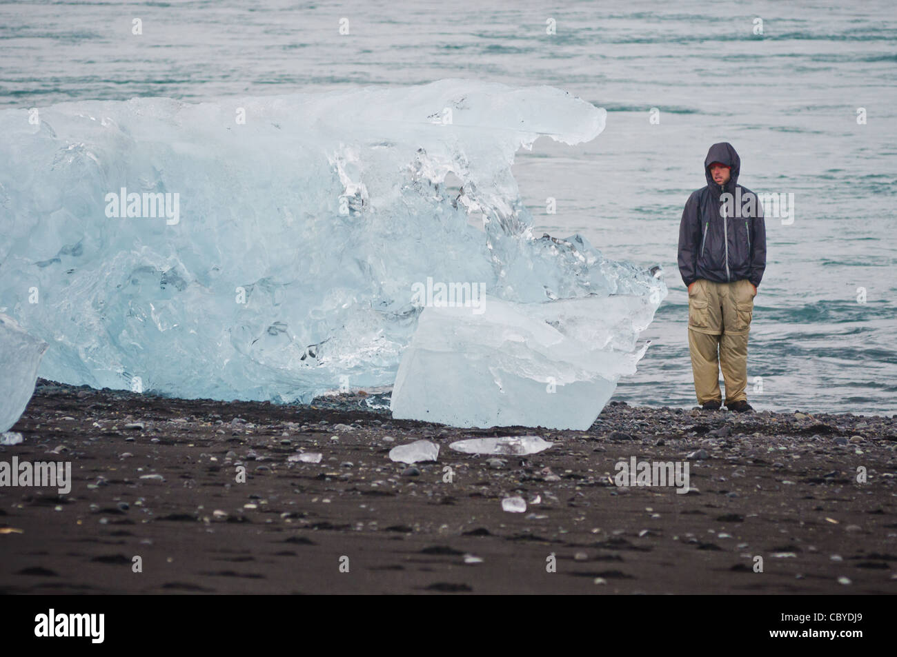 A man looking at an iceberg on the beach near Glacier Lagoon, Iceland ...