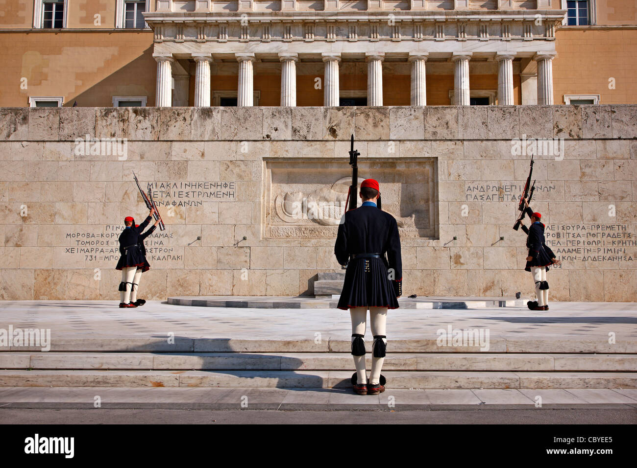 Changing of the presidential guard ("Evzones" or "Evzoni") in front of the monument of the ...