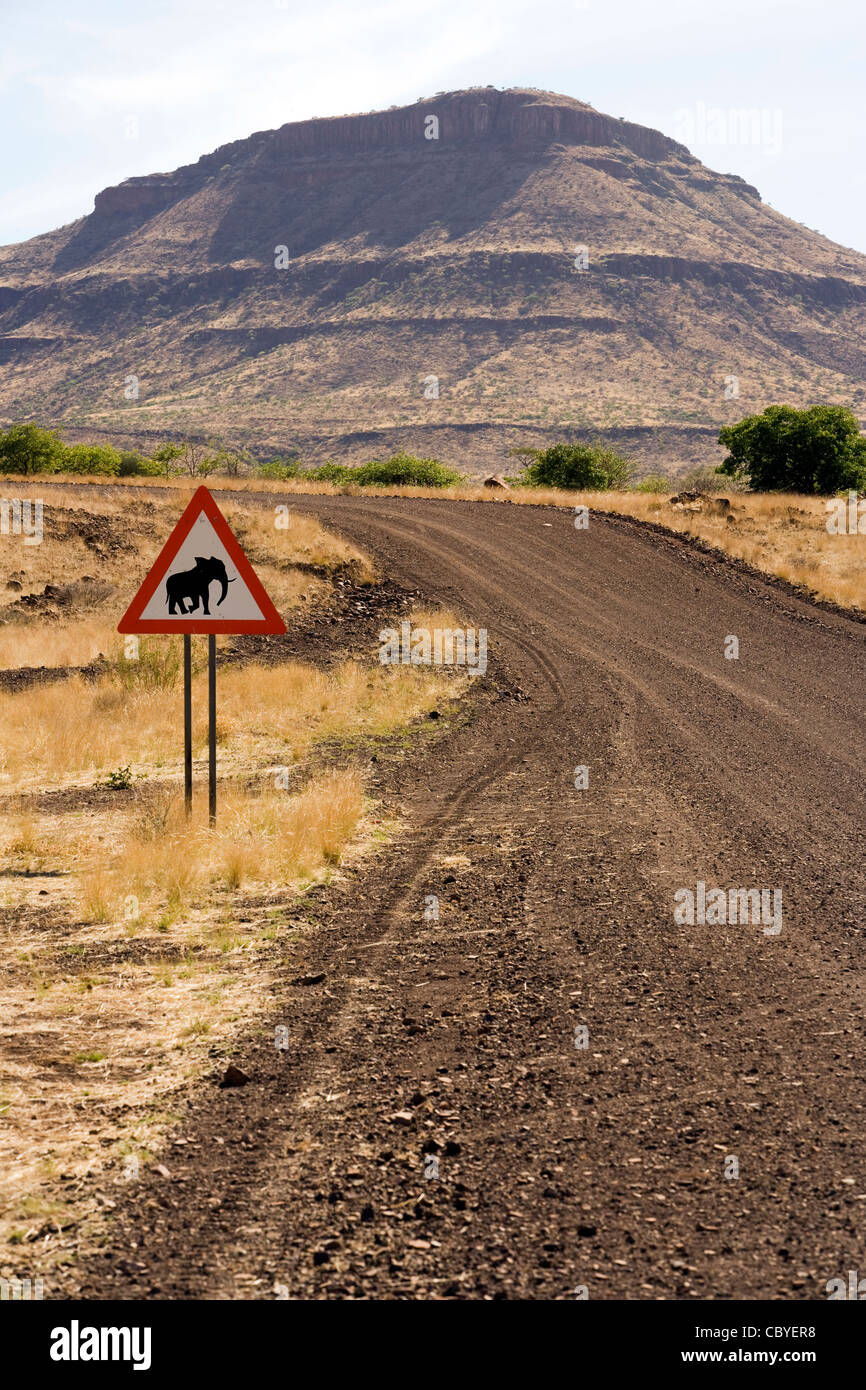 Elephant Crossing Road Sign - Damaraland, Namibia, Africa Stock Photo ...