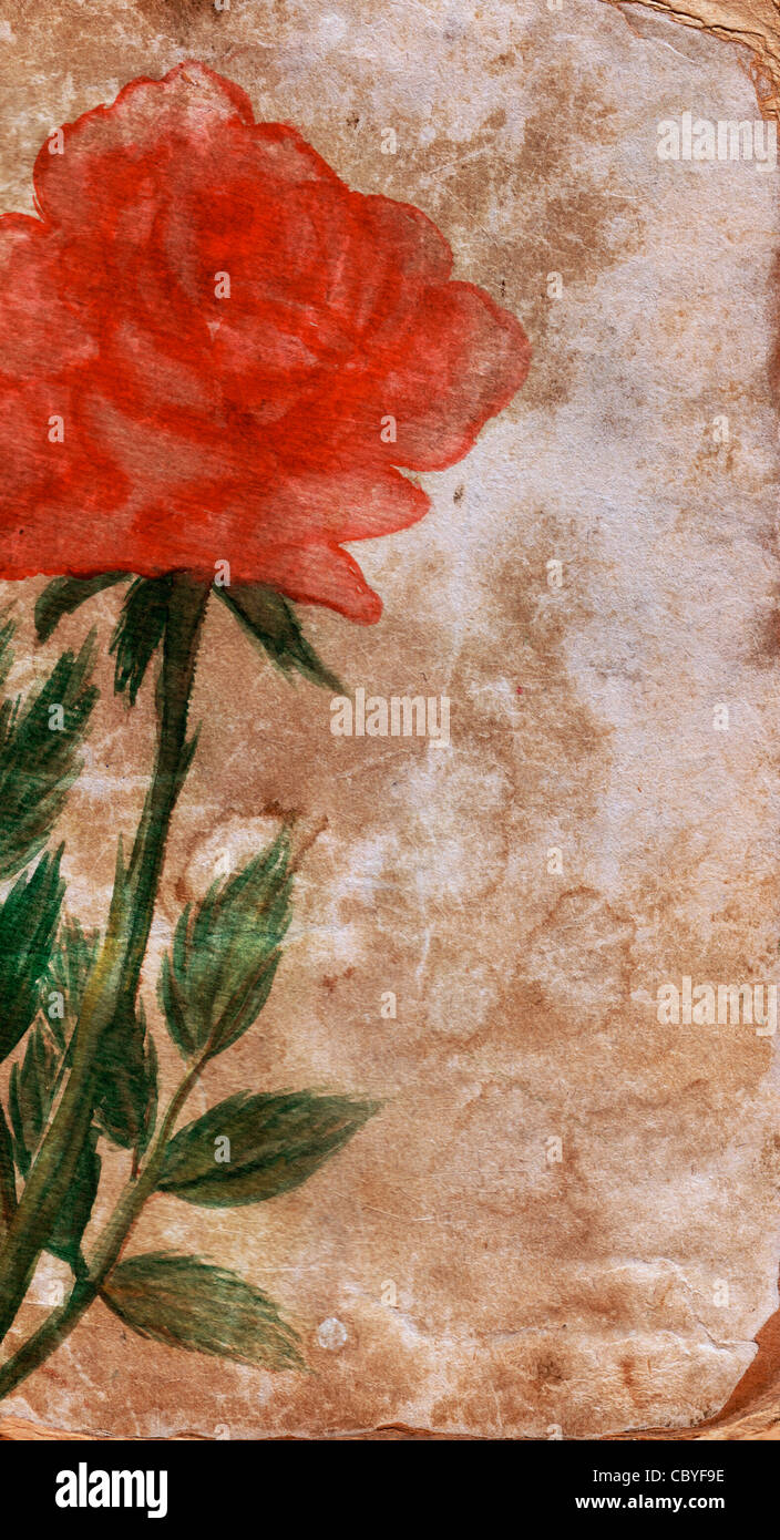 old red rose aquarelle painted on vintage paper Stock Photo - Alamy