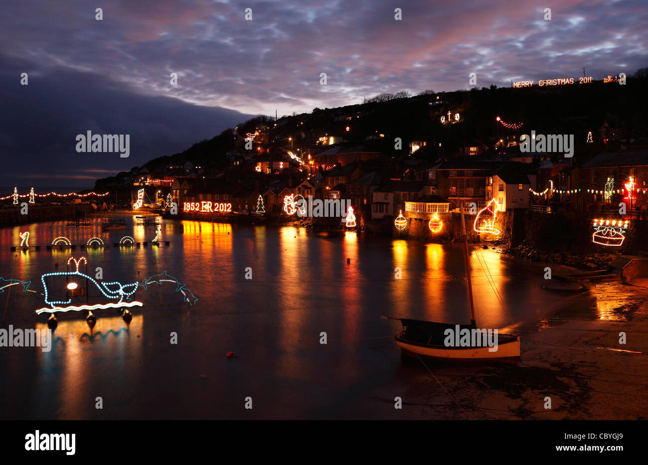 Mousehole Christmas lights, harbour illuminations at night, Cornwall ...