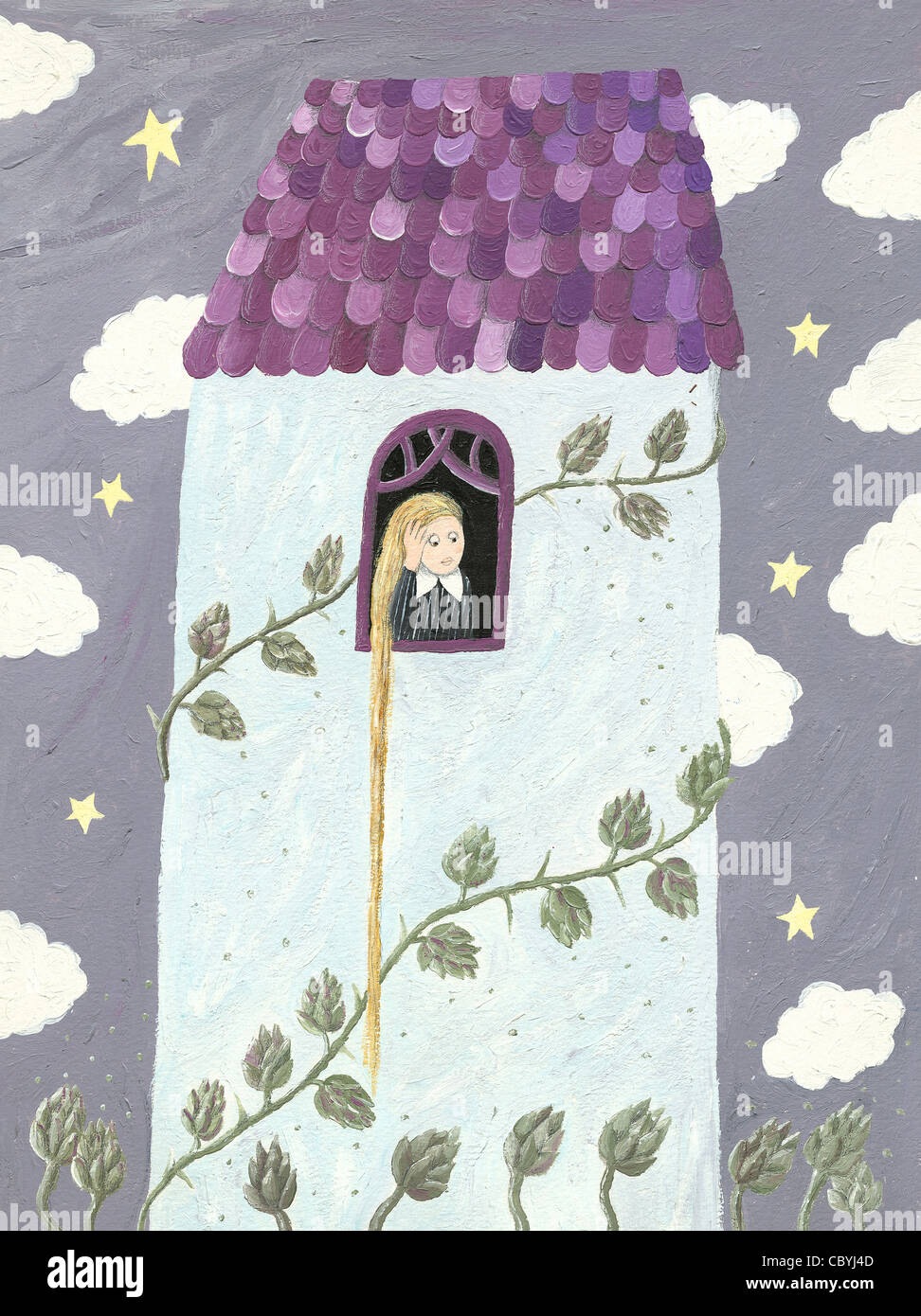 Illustration of Rapunzel or girl looking through window Stock Photo - Alamy