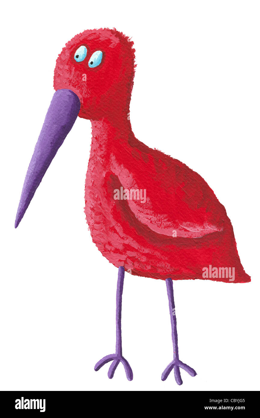 Acrylic illustration of funny red bird with purple beak Stock Photo - Alamy