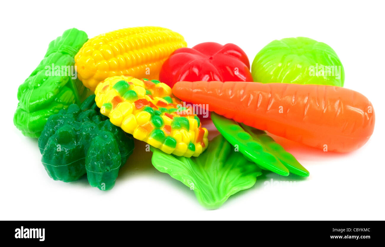 Plastic toy vegetables isolated on white background Stock Photo - Alamy