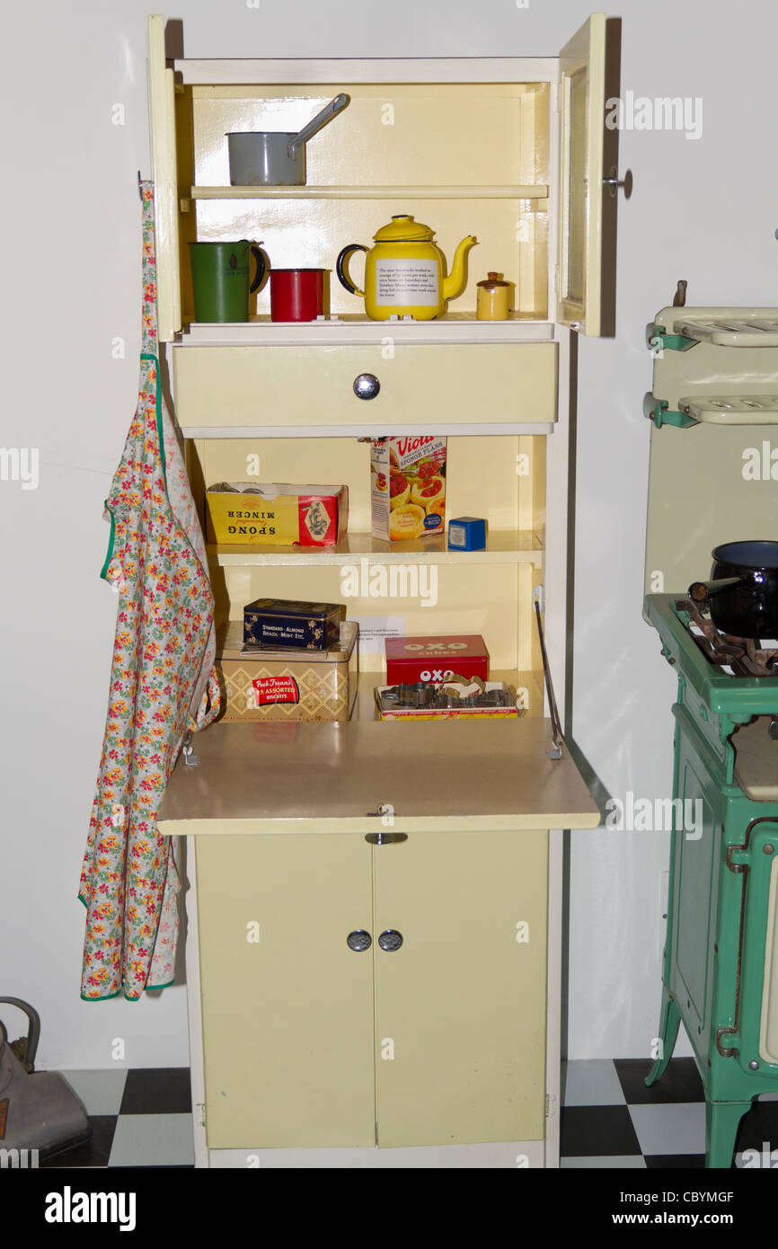 50's and 60's kitchen cupboard on display in a museum in Poole Stock ...