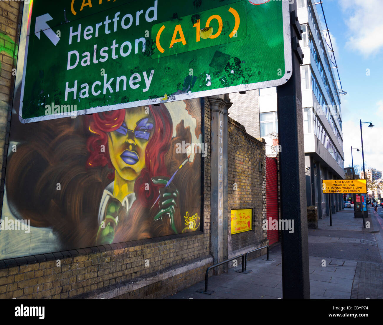 Traffic sign and graffiti on Great Eastern Street, Shoreditch, London ...