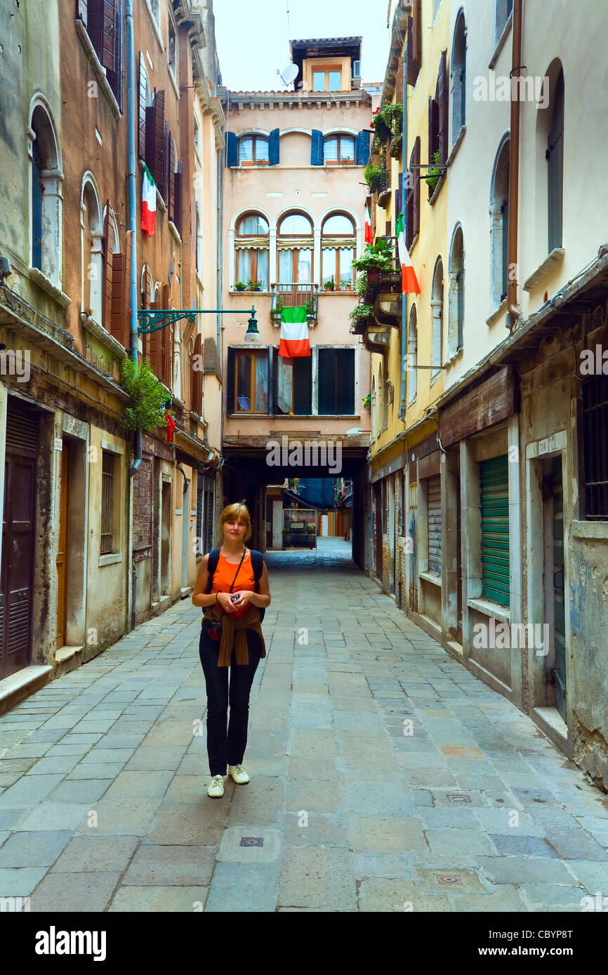 Summer venetian street view and woman - tourist (Venice, Italy Stock ...