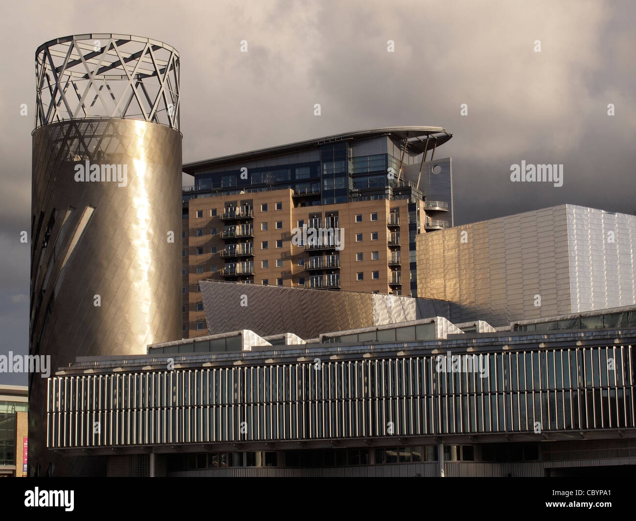 Metallic buildings including tower of The Lowry at Salford Quays ...