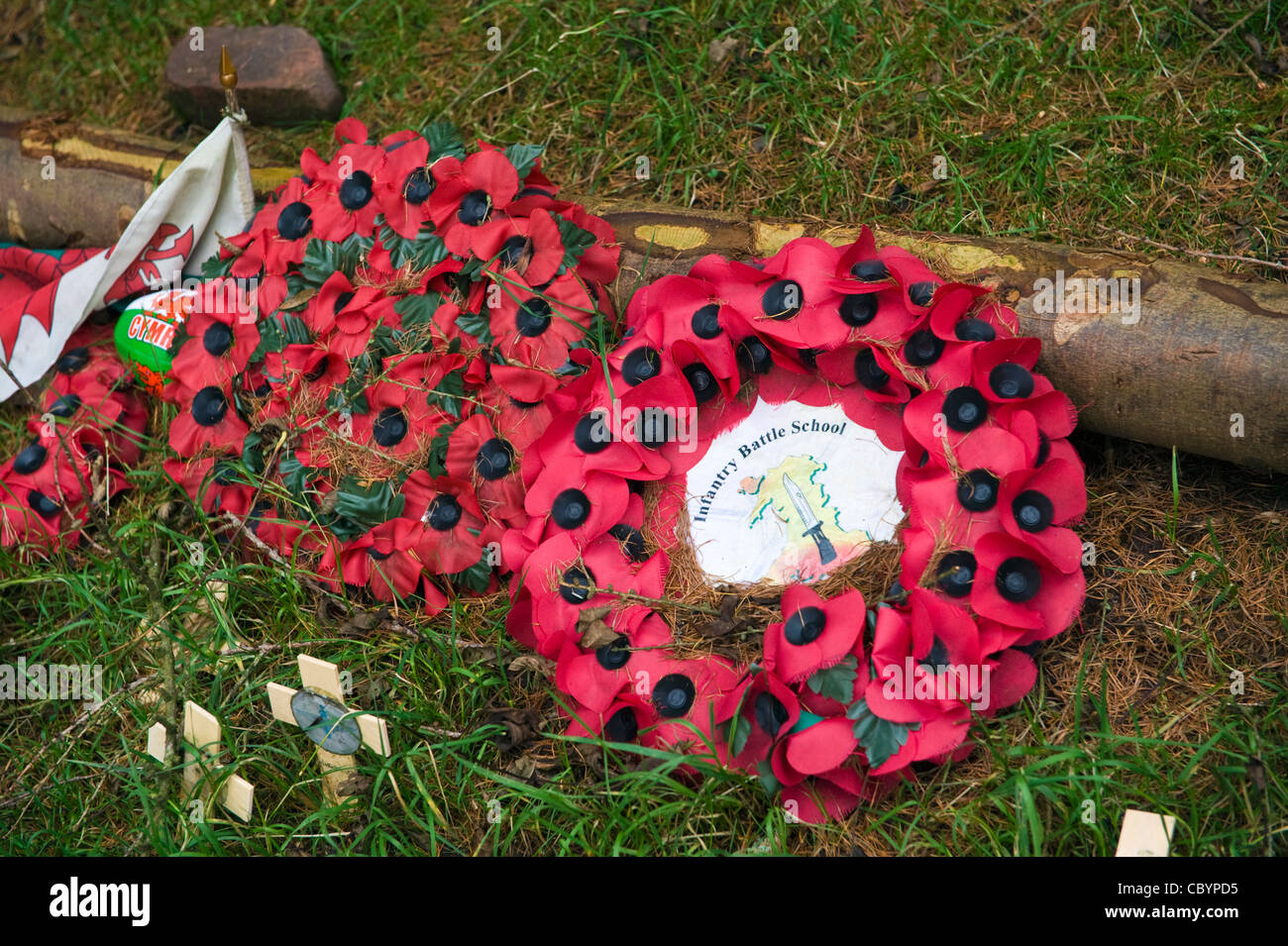 Simple military war memorial in woodland the Brecon Beacons National ...