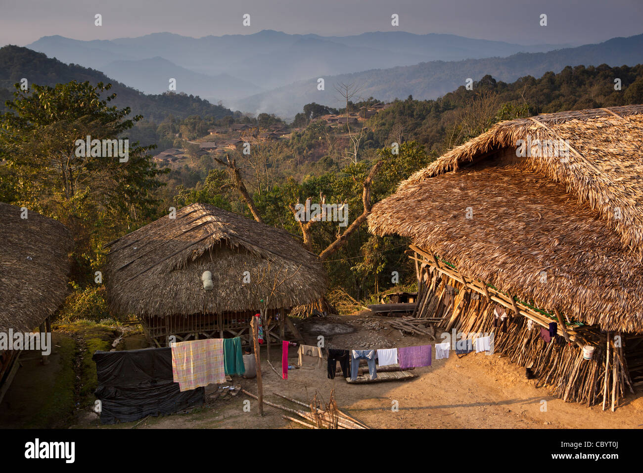 India, Arunachal Pradesh, Along, Kombo Monku, laundry drying on line in ...