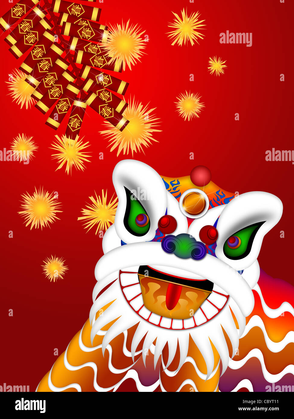 Chinese Lion Dance Colorful Ornate Head and Firecrackers with Spring ...
