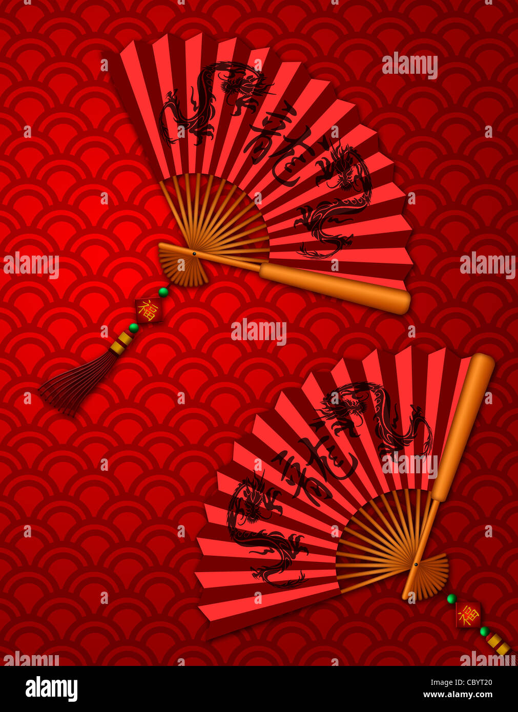Chinese Fans with Dragon Text Calligraphy and Prosperity Word on Tag on ...