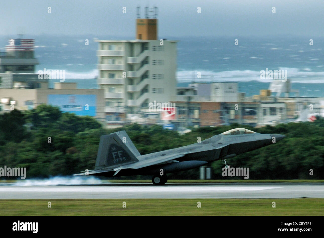 An F-22 Raptor lands at Kadena Air Base, Japan, Jan. 10. The aircraft ...