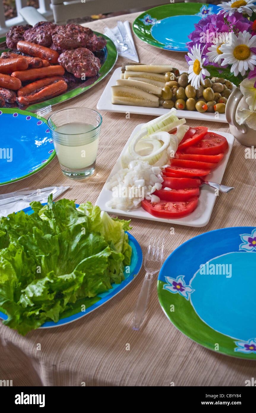 Summer picnic table food spread, tomatoes, lettuce, olives, onions, hot ...