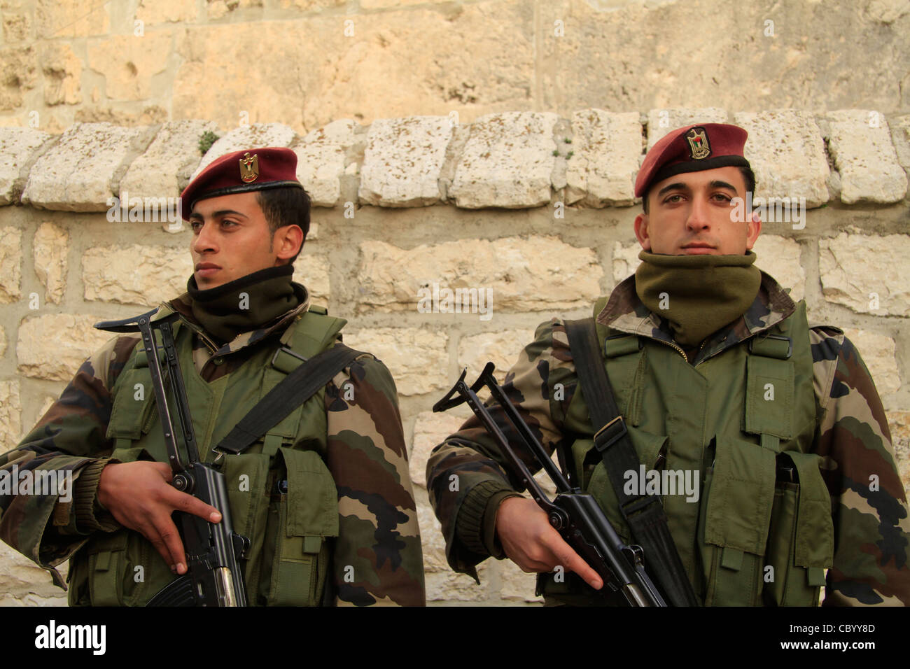 Bethlehem, Palestinian Security forces in Manger Square Stock Photo - Alamy