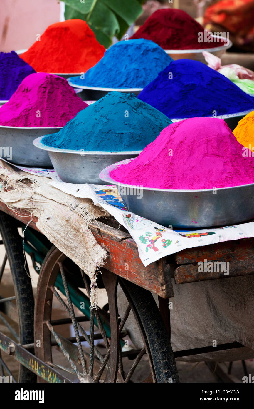 Coloured Indian powder in metal bowls used for making rangoli designs ...