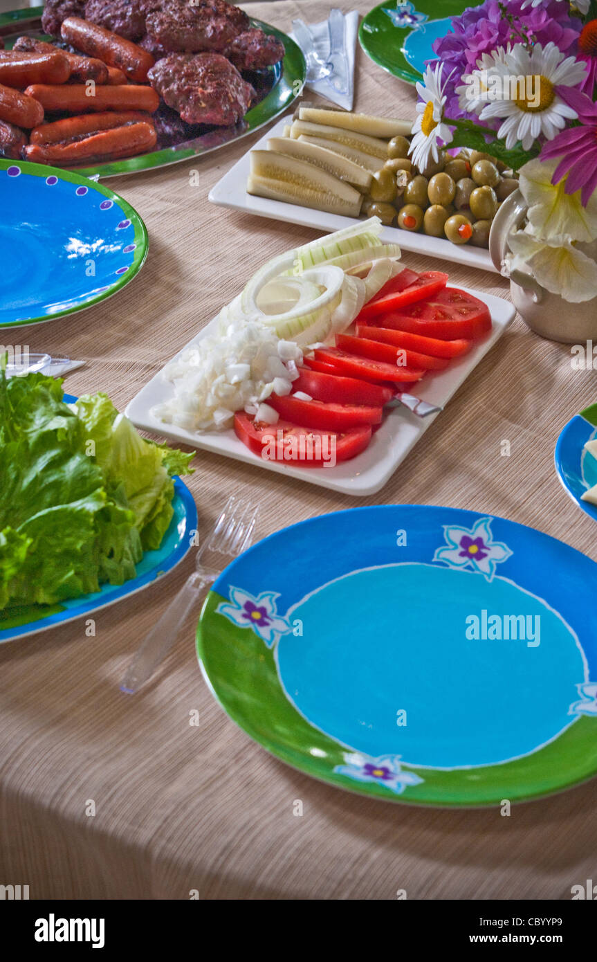 Summer picnic table food spread, tomatoes, lettuce, olives, onions, hot ...