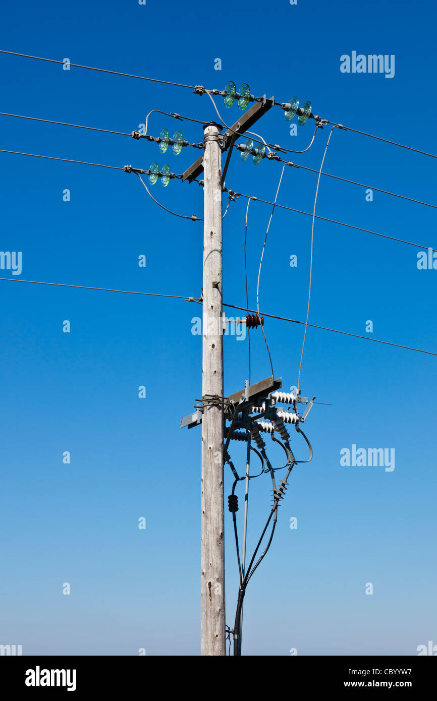 Power line pole with cables Stock Photo - Alamy