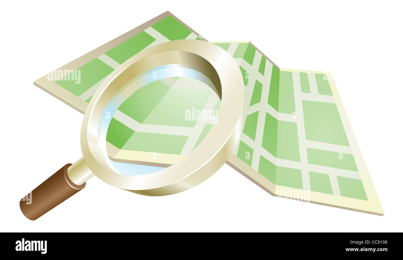 Magnifying glass zooming on map search concept illustration Stock Photo ...