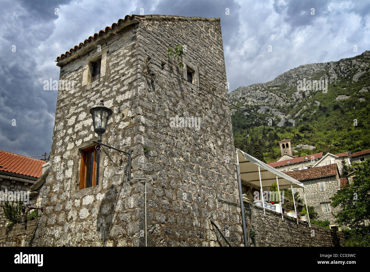 FACADE OF A STONE HOUSE, TOWN OF RISAN, THE BAY OF KOTOR, MONTENEGRO ...