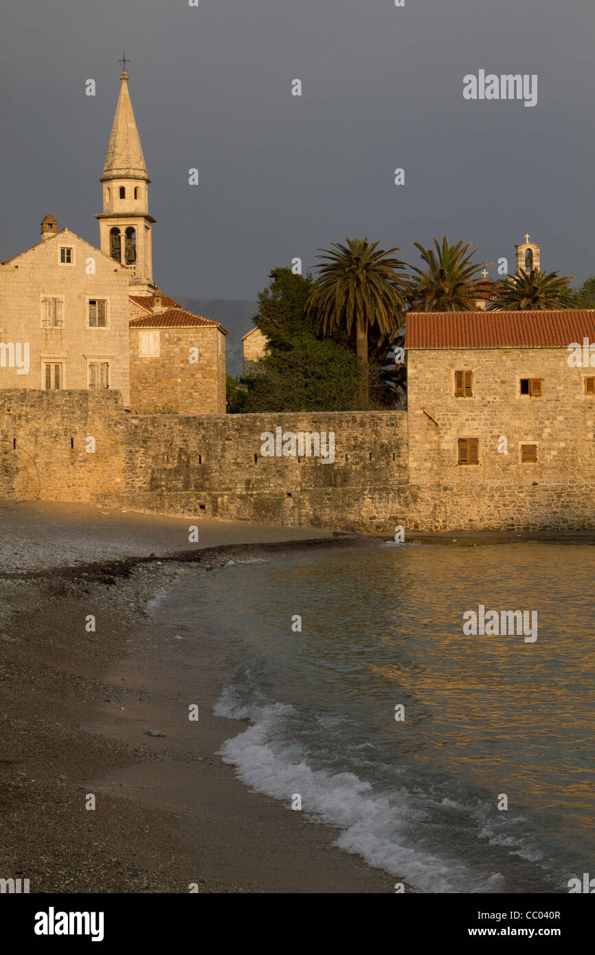 OLD FORTIFIED TOWN WITH THE TOWER OF THE SAINT JOHN CATHEDRAL, BUDVA ...