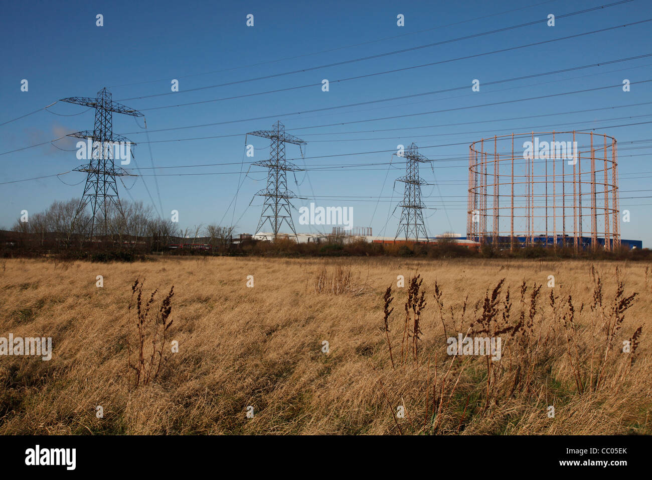 Gas works and electricity pylons in the Lea Valley near the London 2012 ...