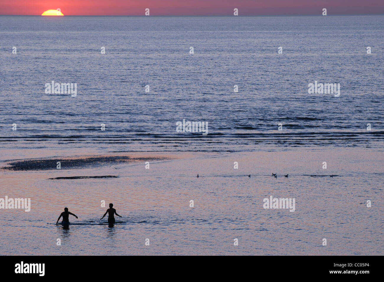 A DIP IN THE SEA AT SUNSET, CAYEUX-SUR-MER, BAY OF SOMME, SOMME (80 ...