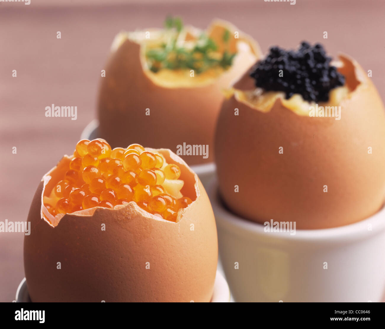 Scrambled egg in the peel, filled with keta caviar, trout caviar and ...