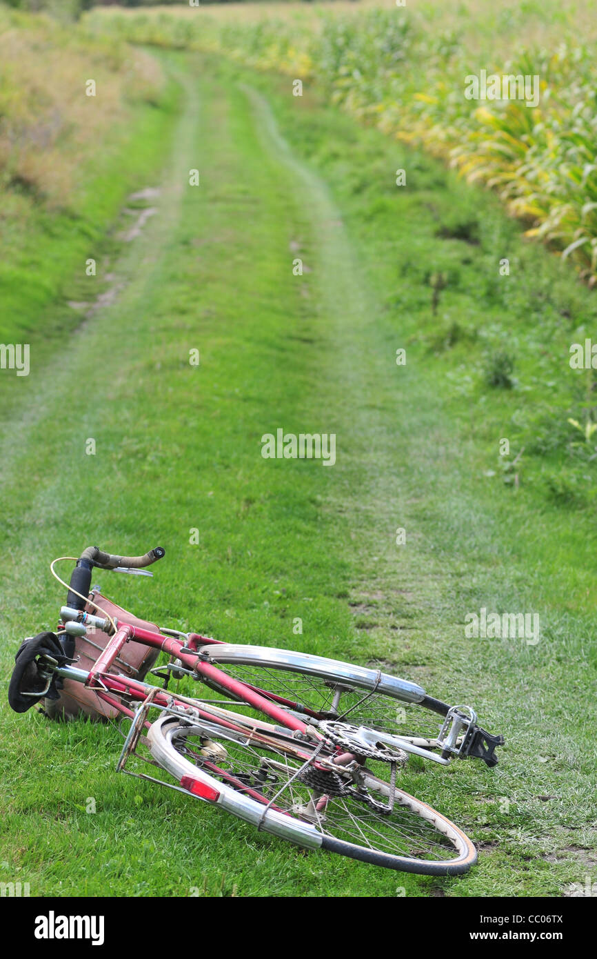 BICYCLE LEFT ON A PATH IN THE MIDDLE OF THE FIELDS Stock Photo - Alamy