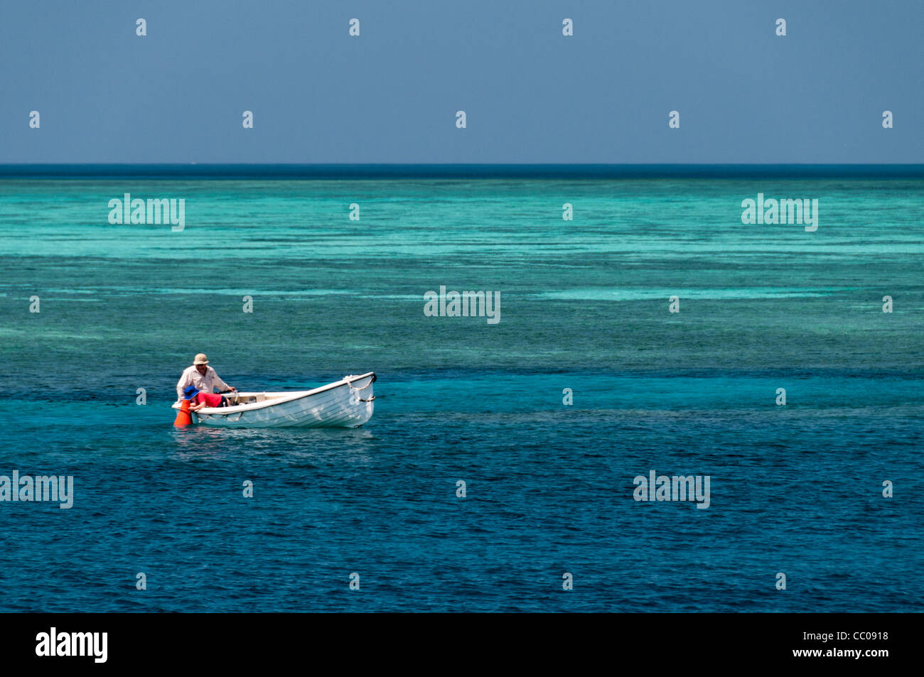 A man and his son explore the coral from a small dinghy on Swains Reef ...