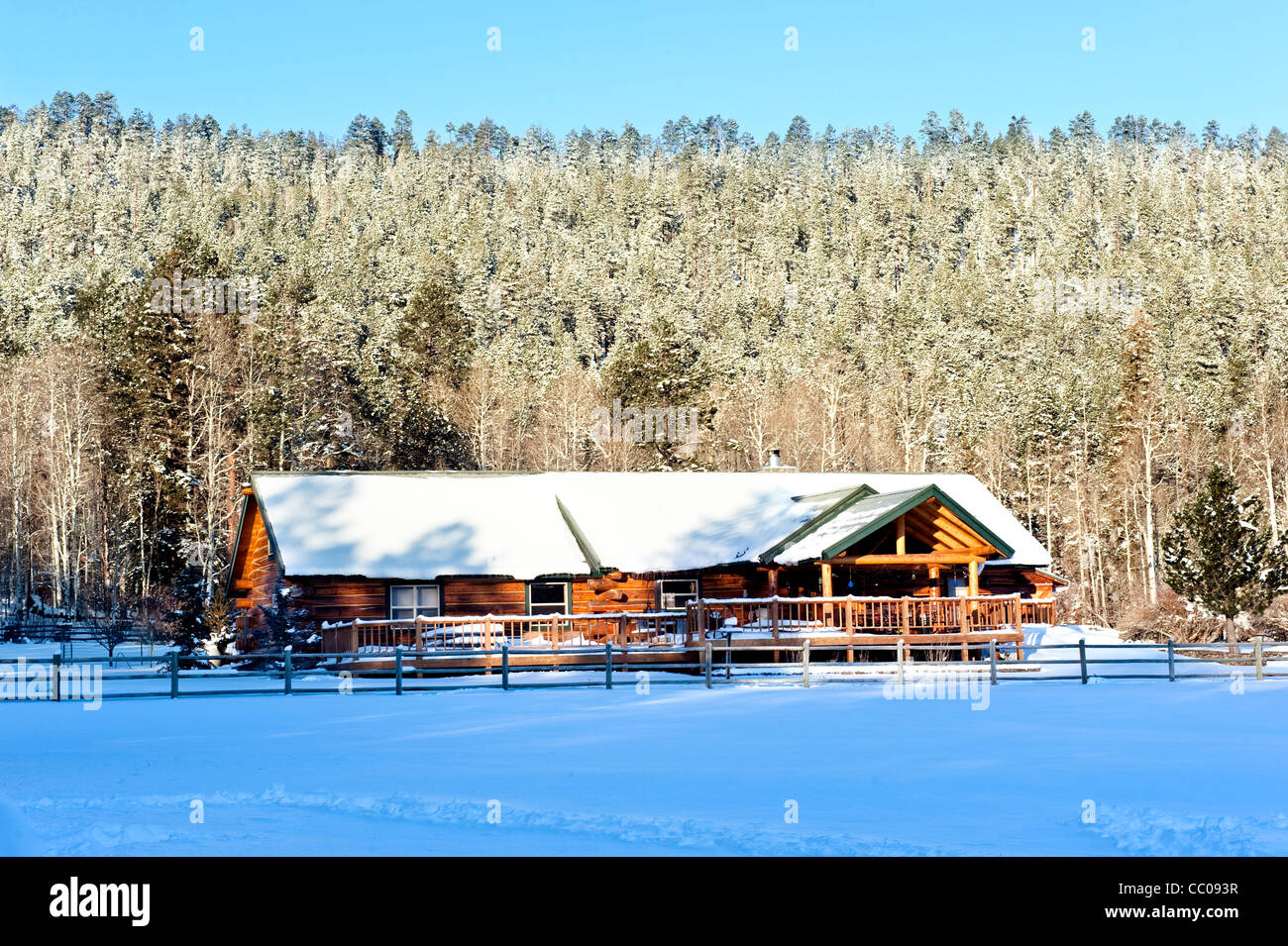 A snow capped mountain cabin resort surrounded by snow-covered trees ...