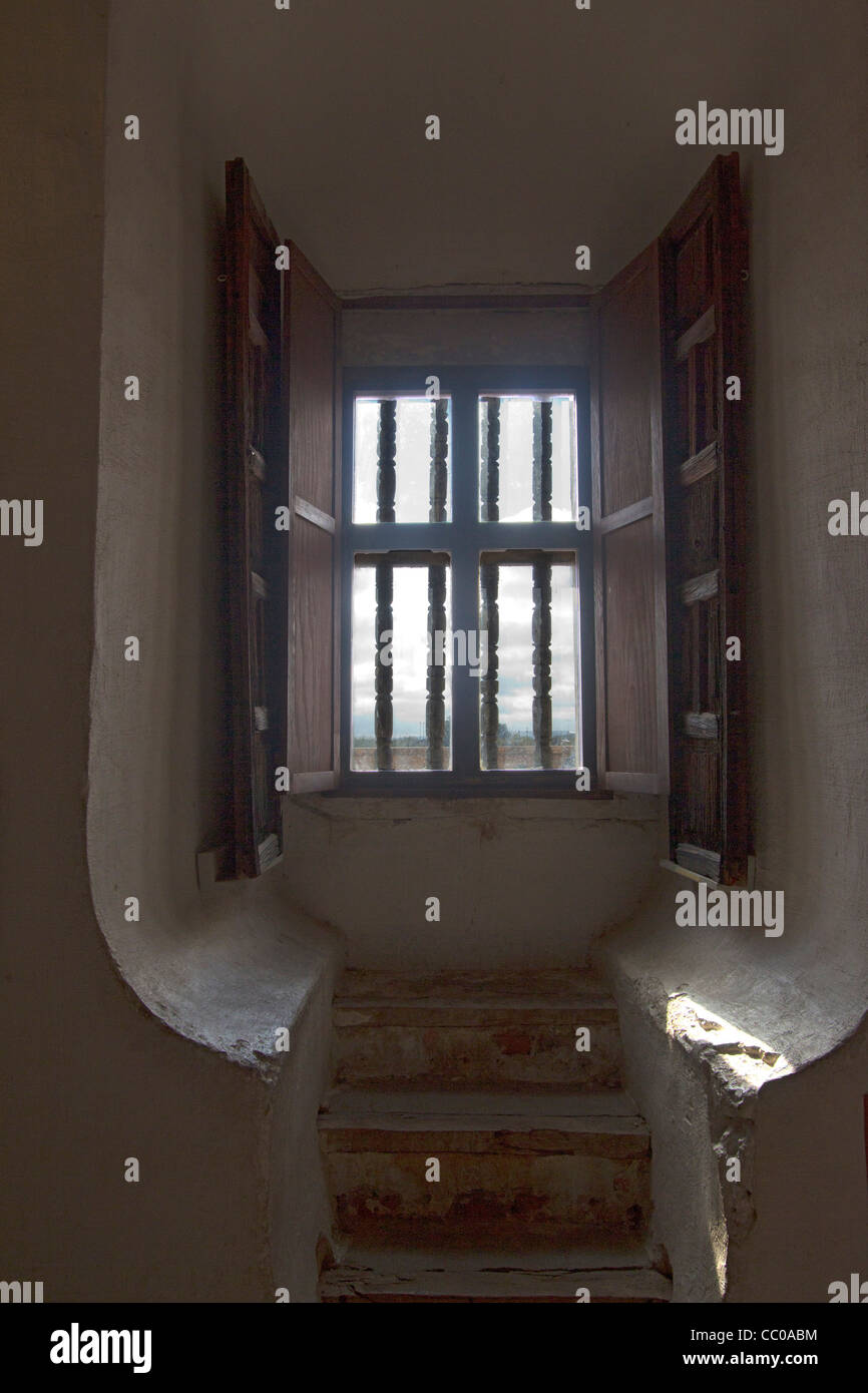 View out a window onto the desert from Mission San Xavier del Bac, a ...
