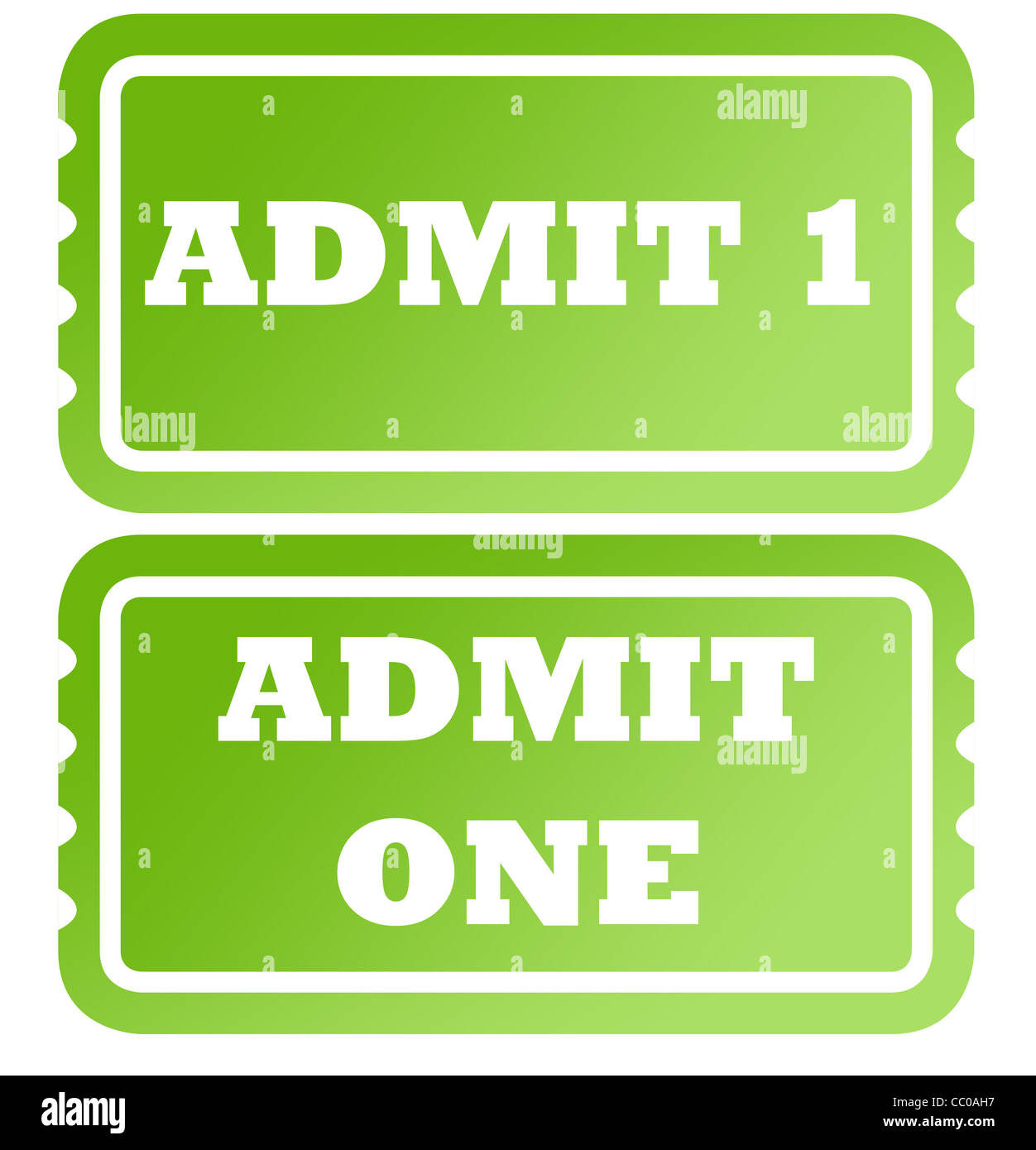 Set of two admit one green tickets; isolated on white background Stock ...