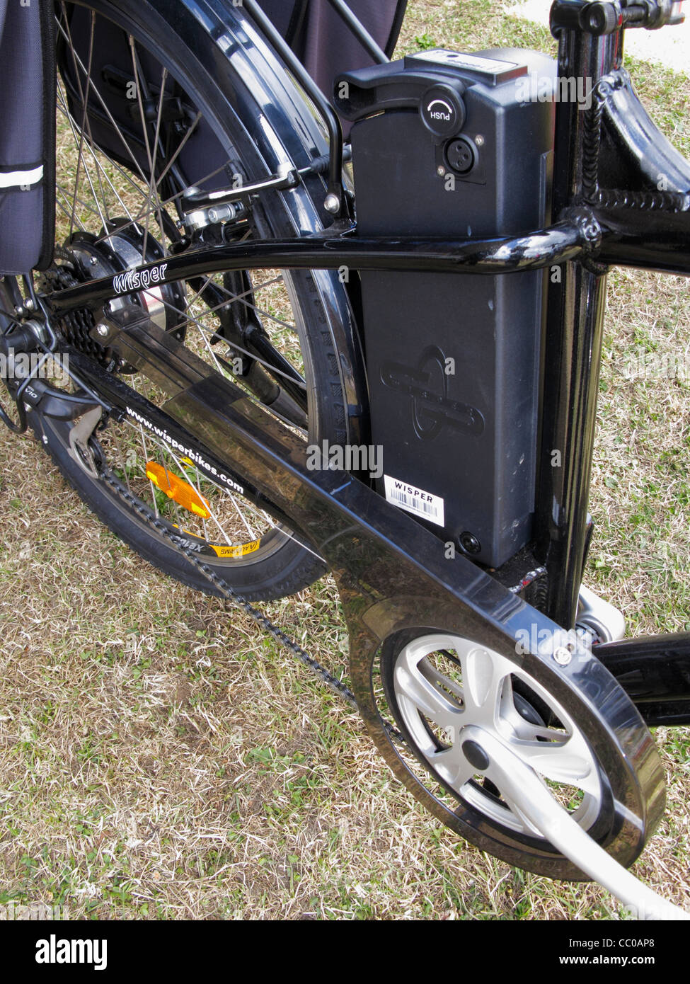 Closeup of the battery pack and motor of a high quality electric bike ...