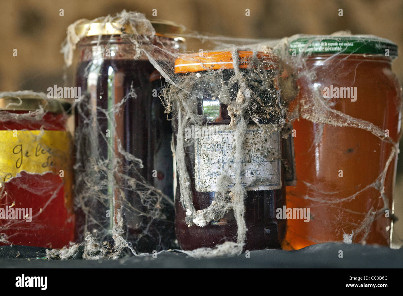 OLD JAM JARS STORED IN A CELLAR AND COVERED IN COBWEBS Stock Photo - Alamy