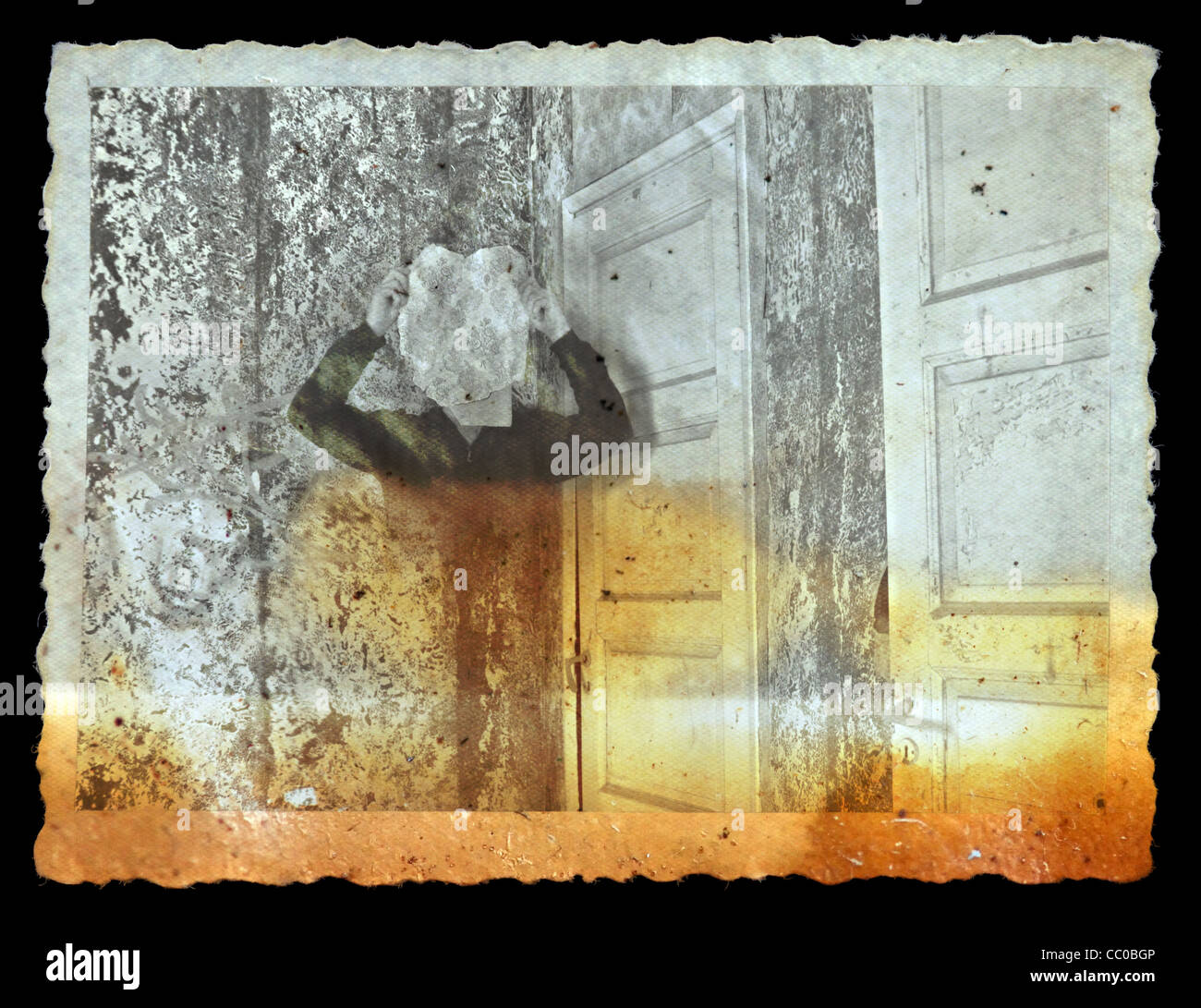 Vintage burned photograph of ghost in haunted house. Abstract ...