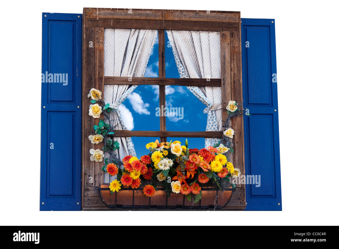 Country style window with flowers,planter, shutters and curtains,sky ...
