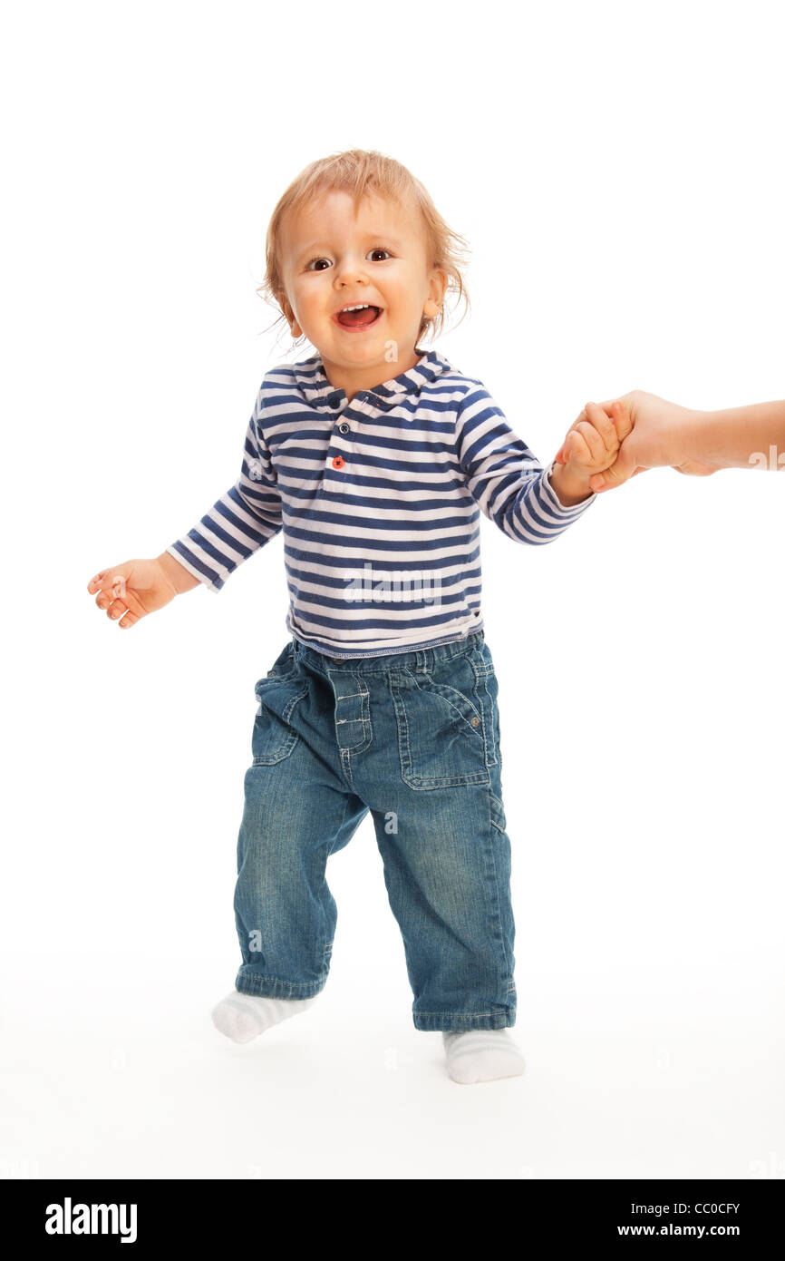 Cute kid pulling parent's hand and smiling with open mouth Stock Photo ...