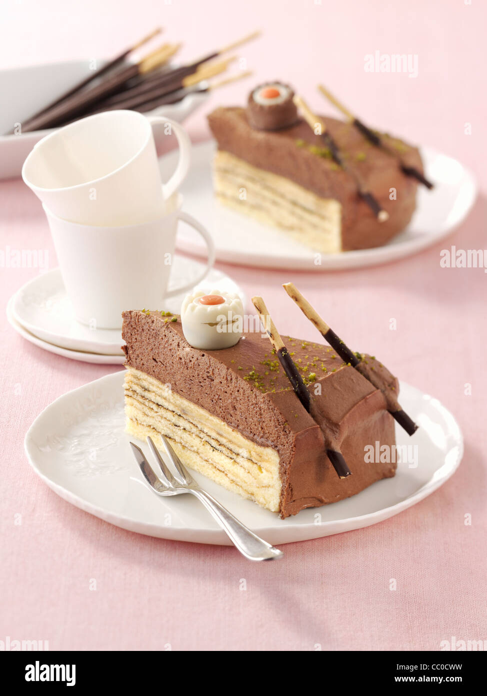 Pyramid cake with chocolate - egg - nog - cream, two pieces Stock Photo ...