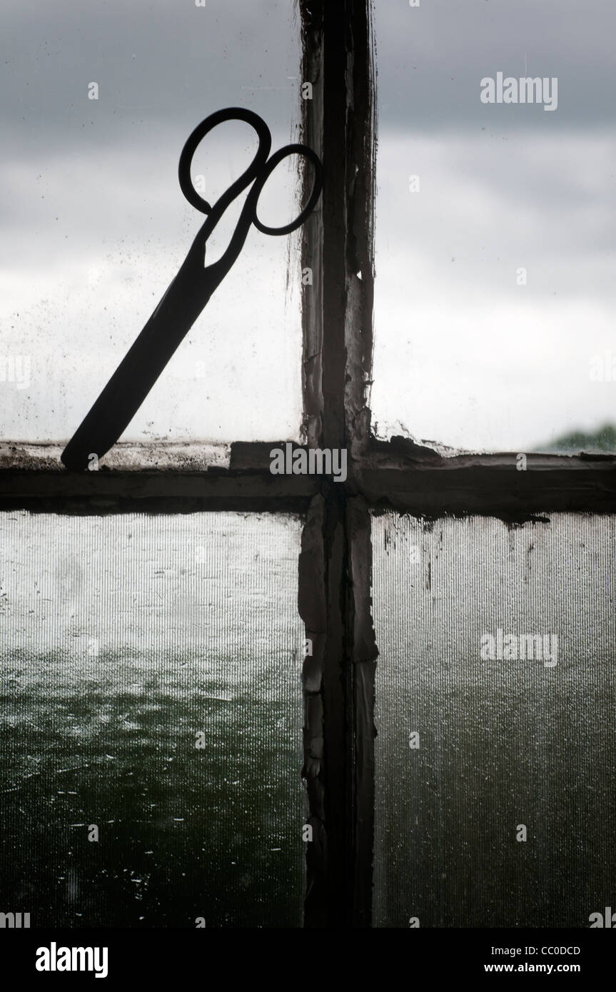 Old scissors leaning on a window frame Stock Photo - Alamy