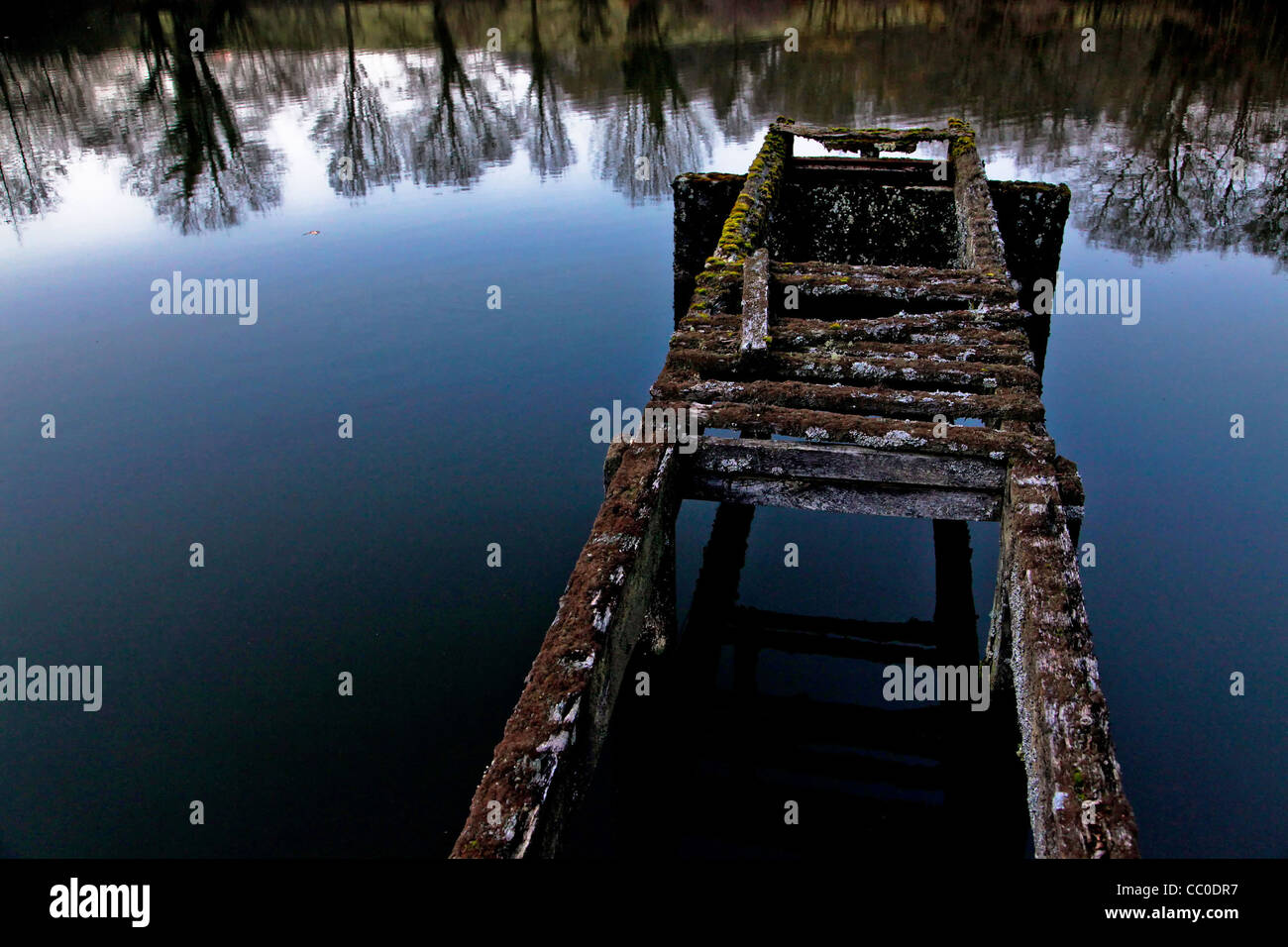 OLD WOODEN PONTOON ON A LAKE AT NIGHTFALL, CREUSE (23), FRANCE Stock ...
