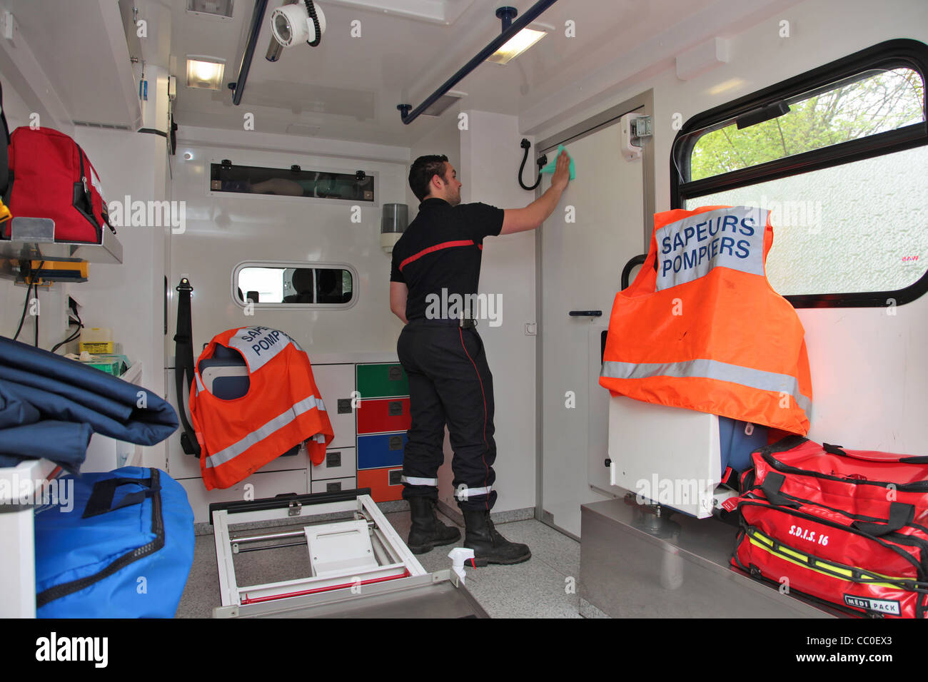 WASHING, DISINFECTION OF A FIRE DEPARTMENT AMBULANCE, VSAV, FIRE ...