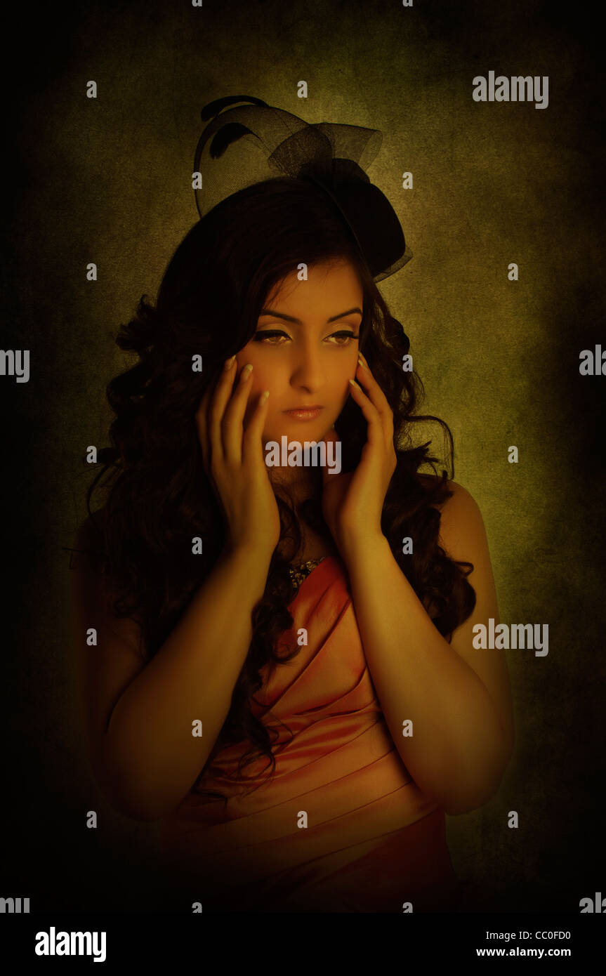 Sad woman hands touching face Stock Photo - Alamy