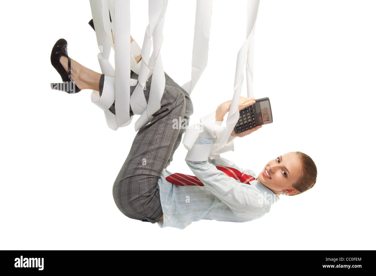 Accountant messed up in checks with calculator hanging, in formal ...