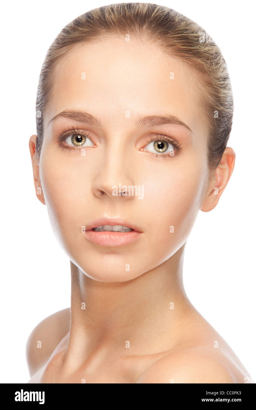 Clean beauty portrait of clam woman on white Stock Photo - Alamy