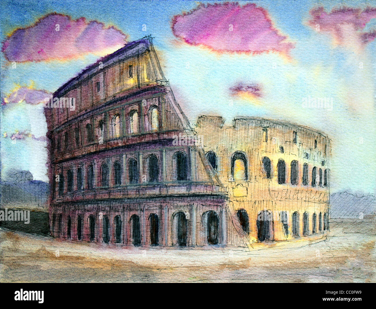 Roman cityscape of the Colosseum painted by watercolor. I painted it in ...