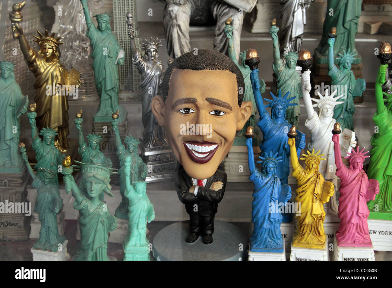 FIGURINE OF OBAMA AMONGST STATUES OF LIBERTY, SOUVENIR SHOP, NEW YORK ...