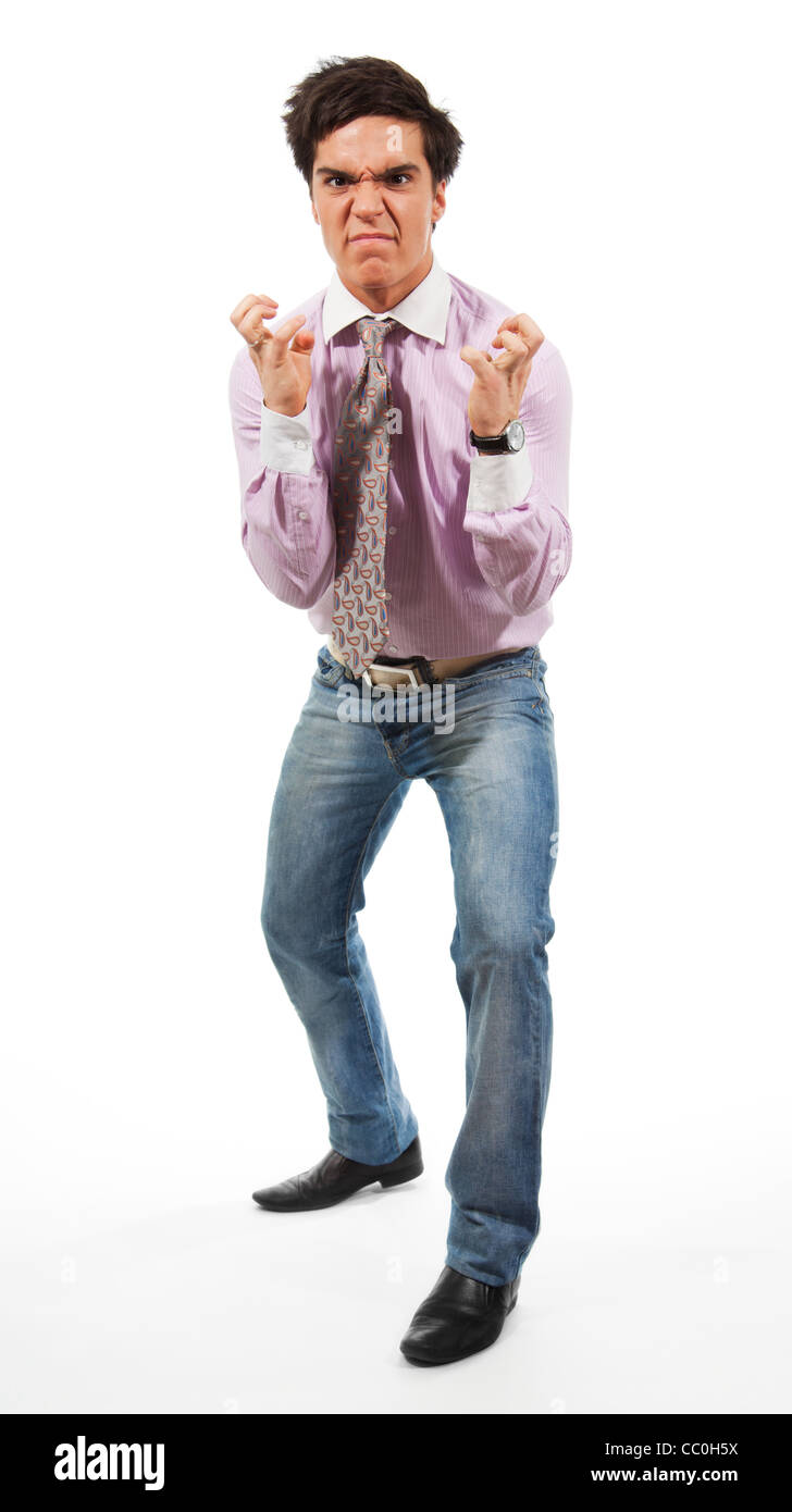Angry man wearing jeans, shirt and tie, isolated on white Stock Photo ...
