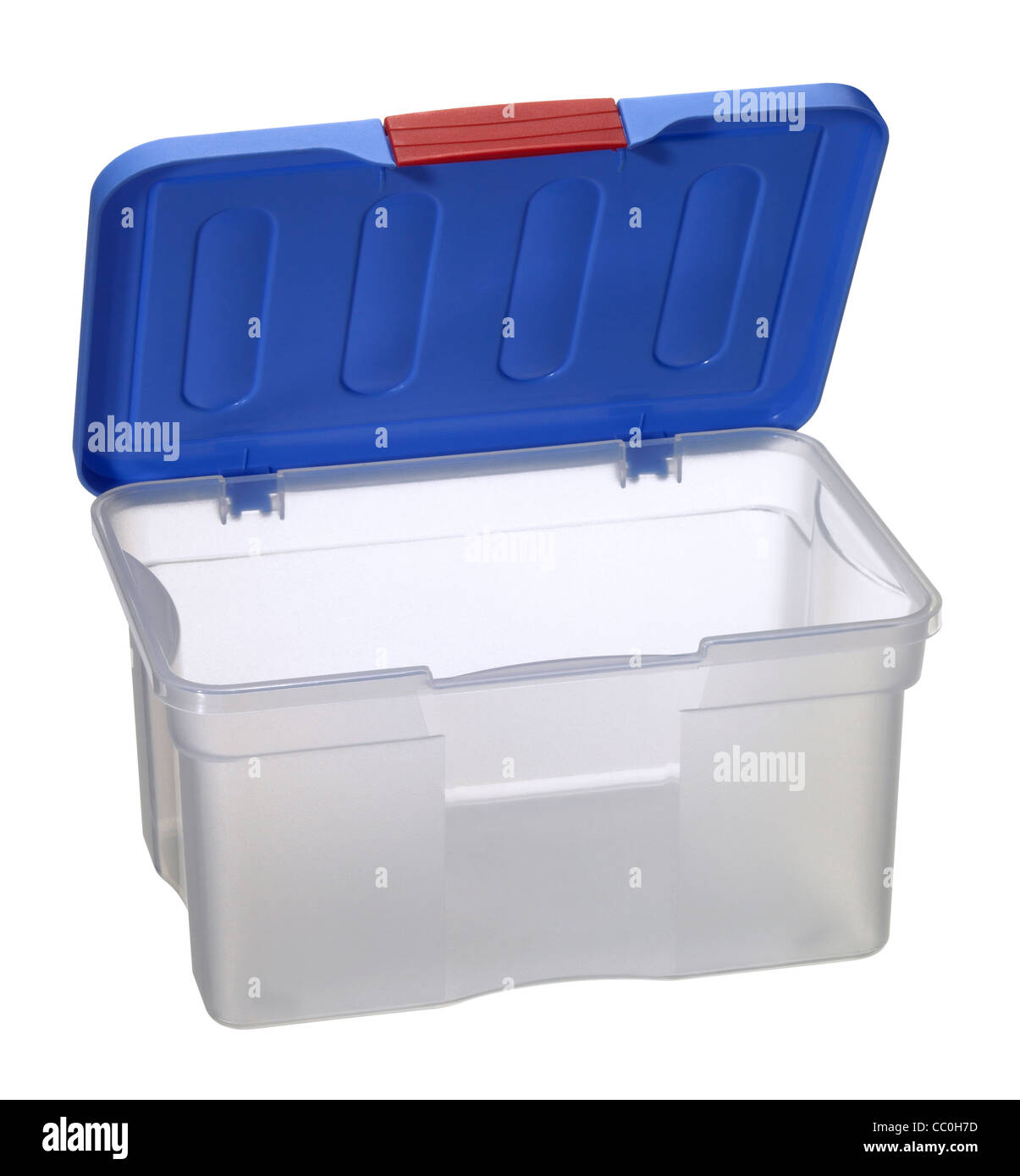 studio photography of a translucent plastic box with open blue top ...