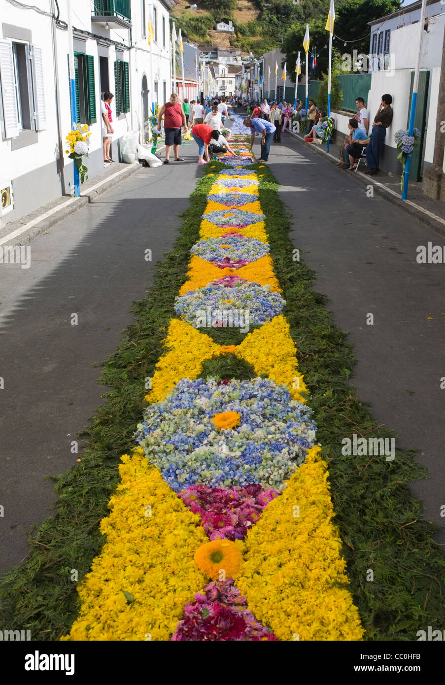Carpet of flowers and petals through the streets on the island of Sao ...